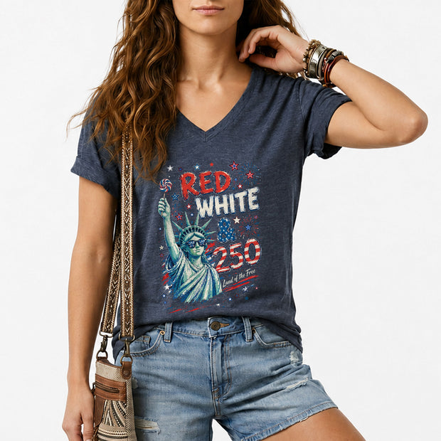 Red White & 250 Retro Lady Liberty Patriotic V-Neck T-Shirt – USA 250t ...
