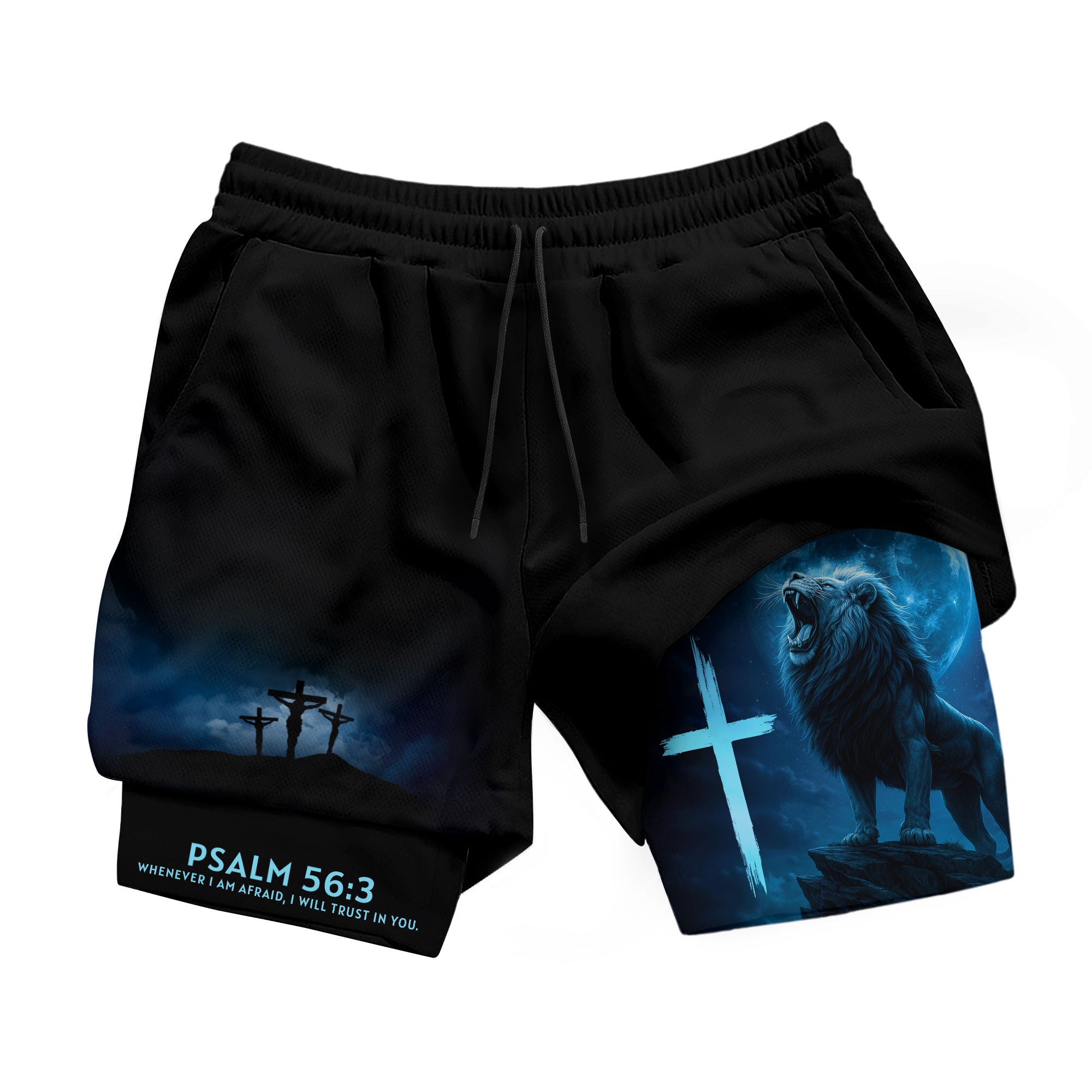 Psalm 56:3 Christian Gym Workout Shorts Men Lion Cross Bible Verse Blu ...